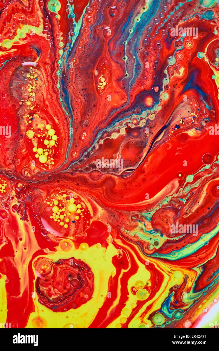 Flowering red petal abstract painting with yellow blue and green ...