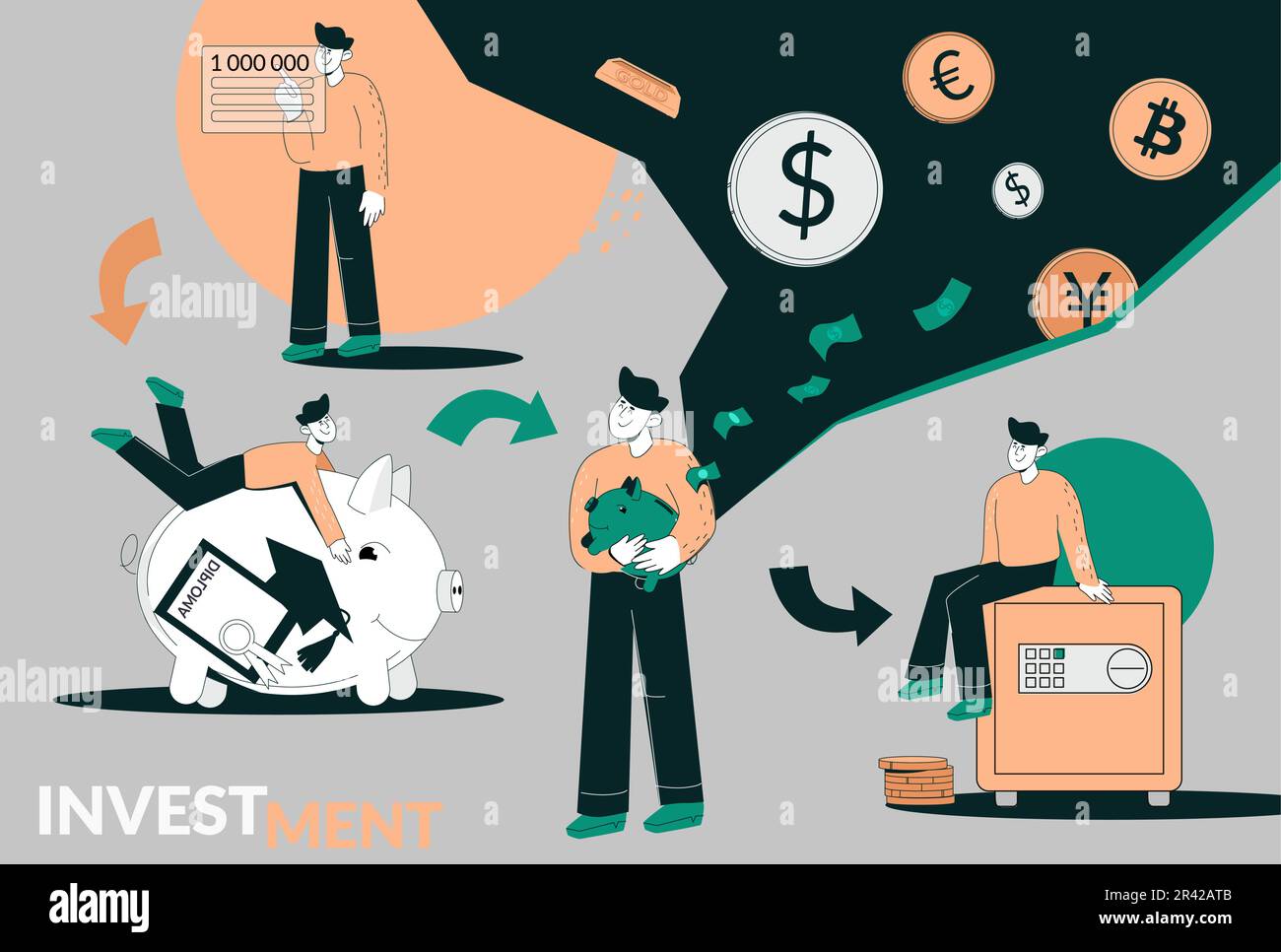 Flat investment portfolio diversification composition man saving money ...