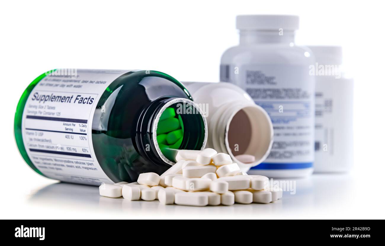 Composition with dietary supplement containers isolated on white Stock ...