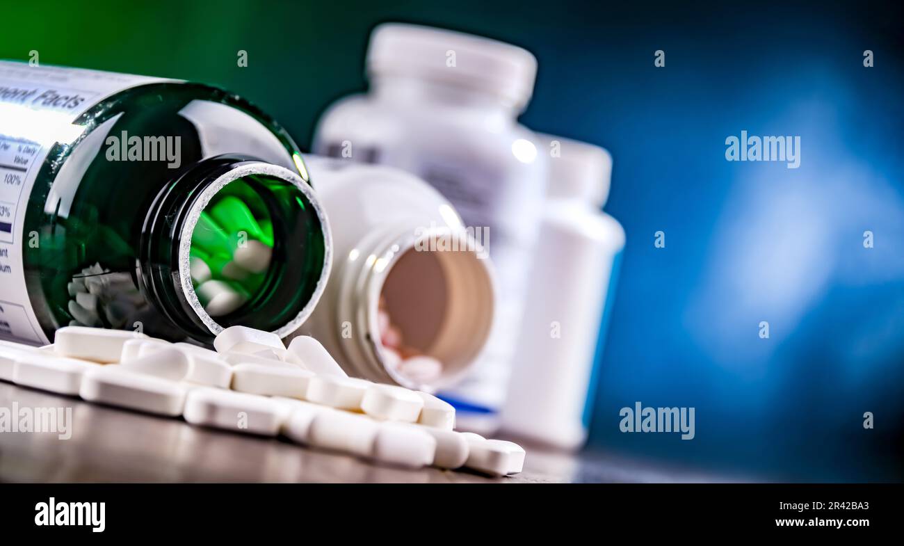 Composition with dietary supplement containers. Drug pills Stock Photo ...