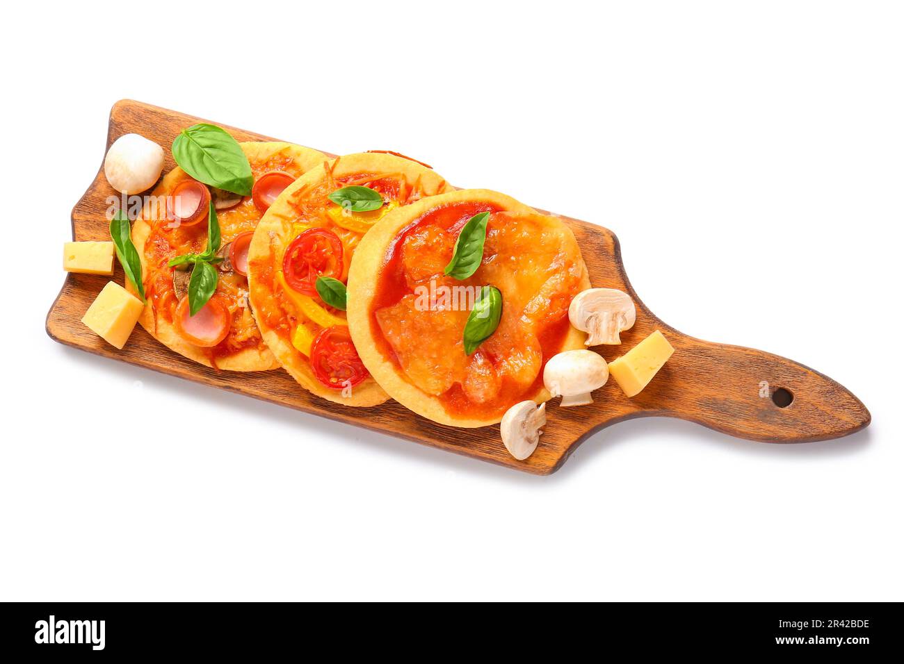 Board with different tasty mini pizzas on white background Stock Photo ...