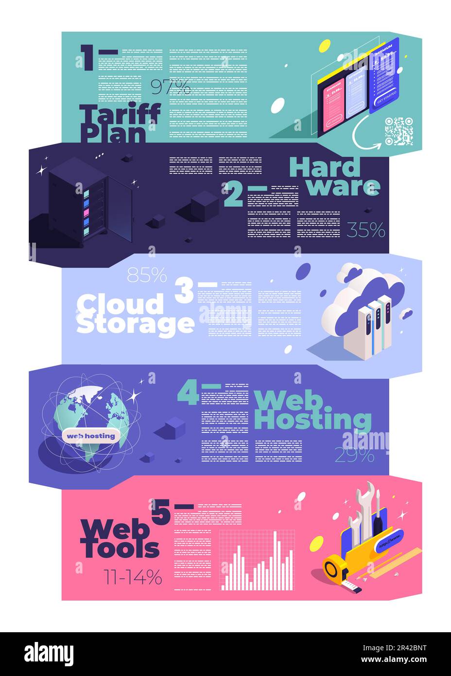 Web hosting icons isometric infographics with set of horizontal banners ...