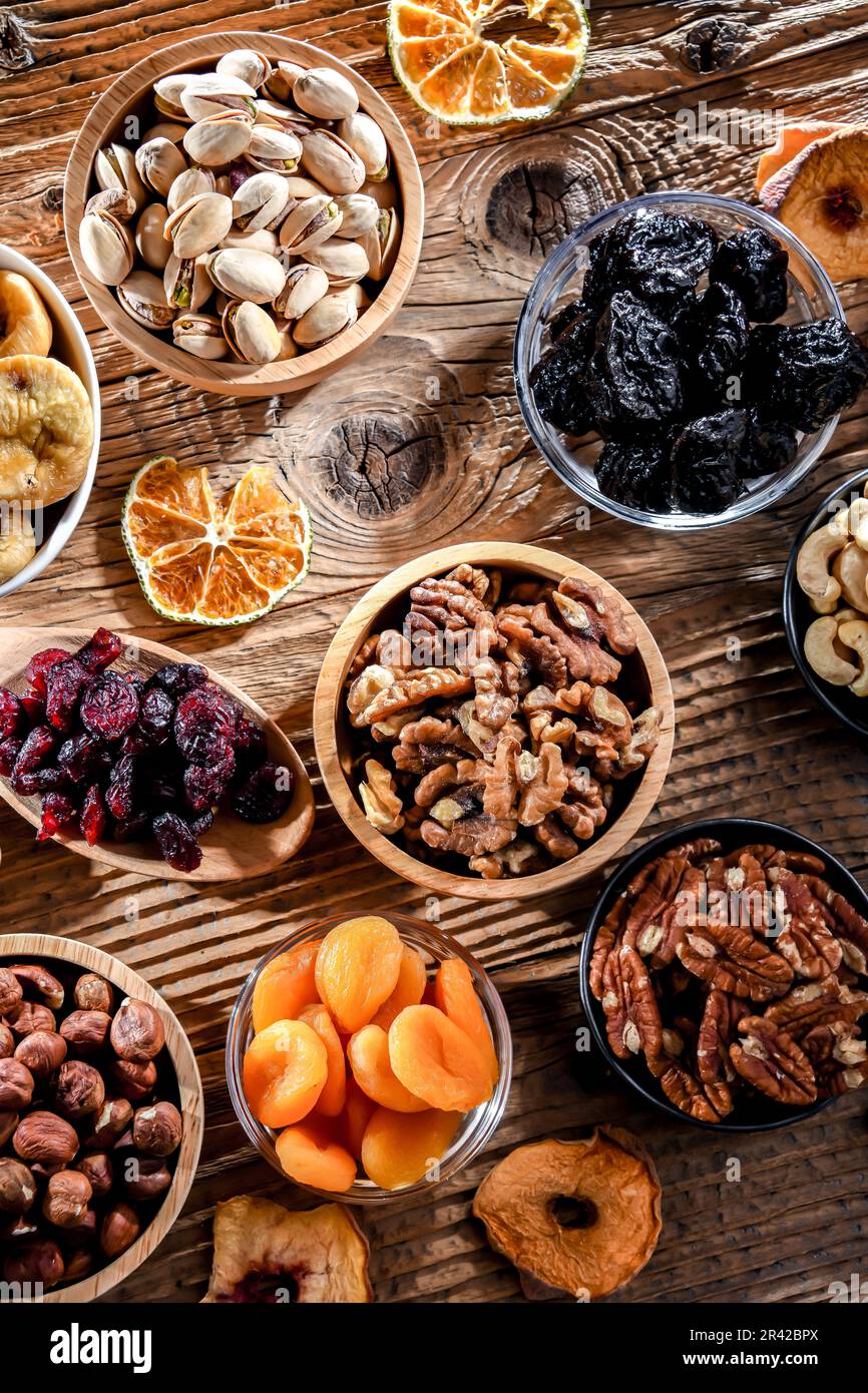 Composition with a variety of dried fruits and assorted nuts ...