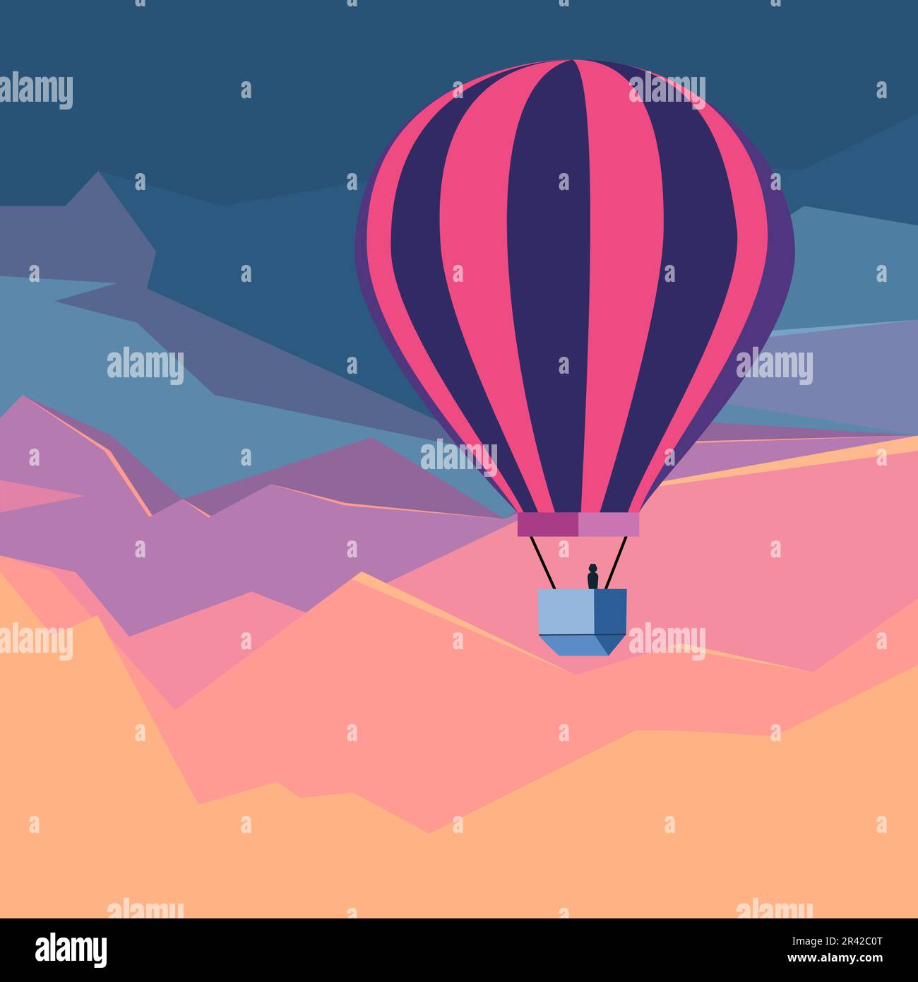 Hot air balloon in the sky. Landscape with mountains, vector ...
