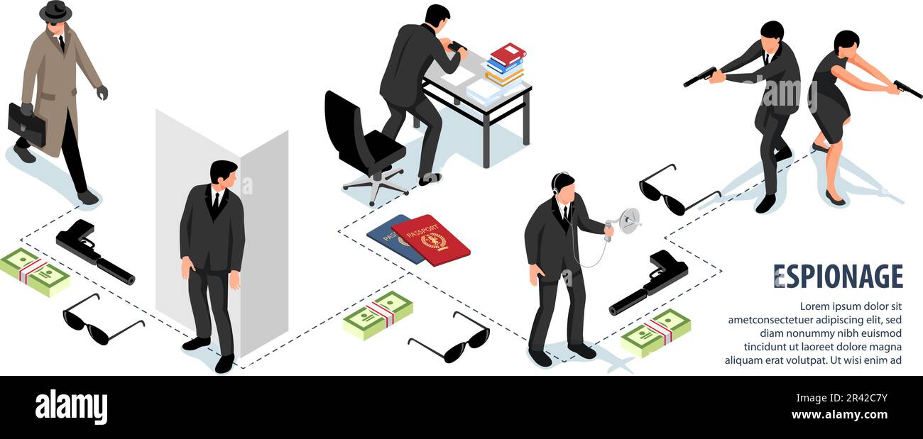 Isometric espionage flowchart with male and female secret agents vector ...