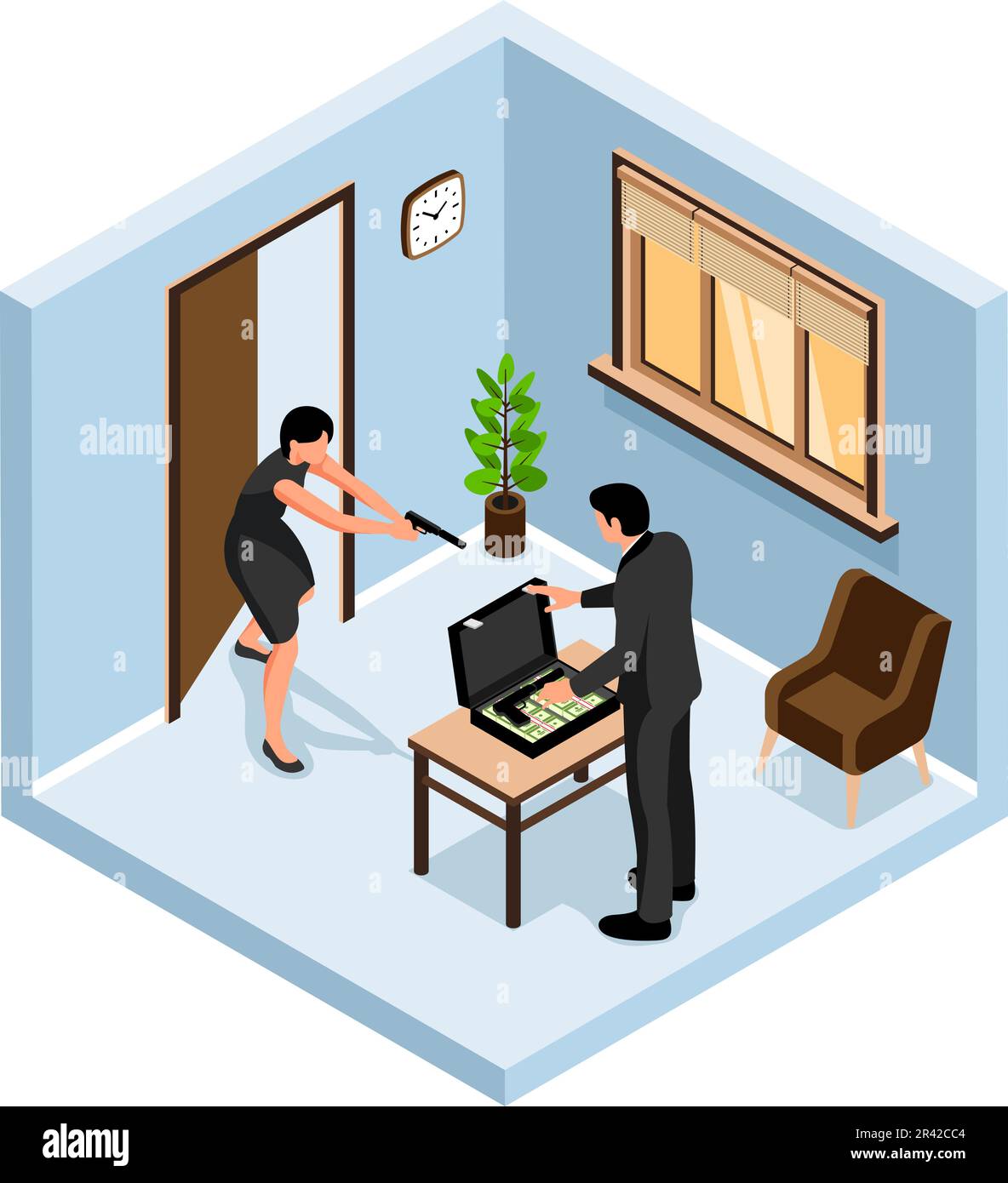 Isometric espionage concept with good looking woman holding weapon ...