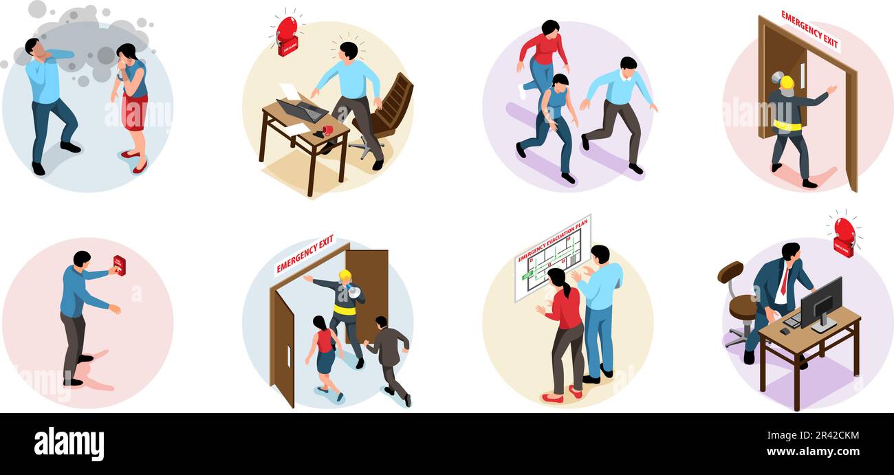 Isometric fire alarm icons set with evacuation plan isolated vector ...