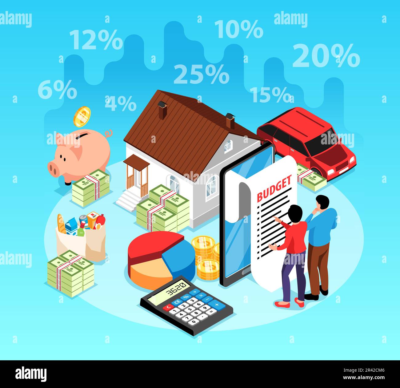 Isometric family budget concept with people counting money spending on ...