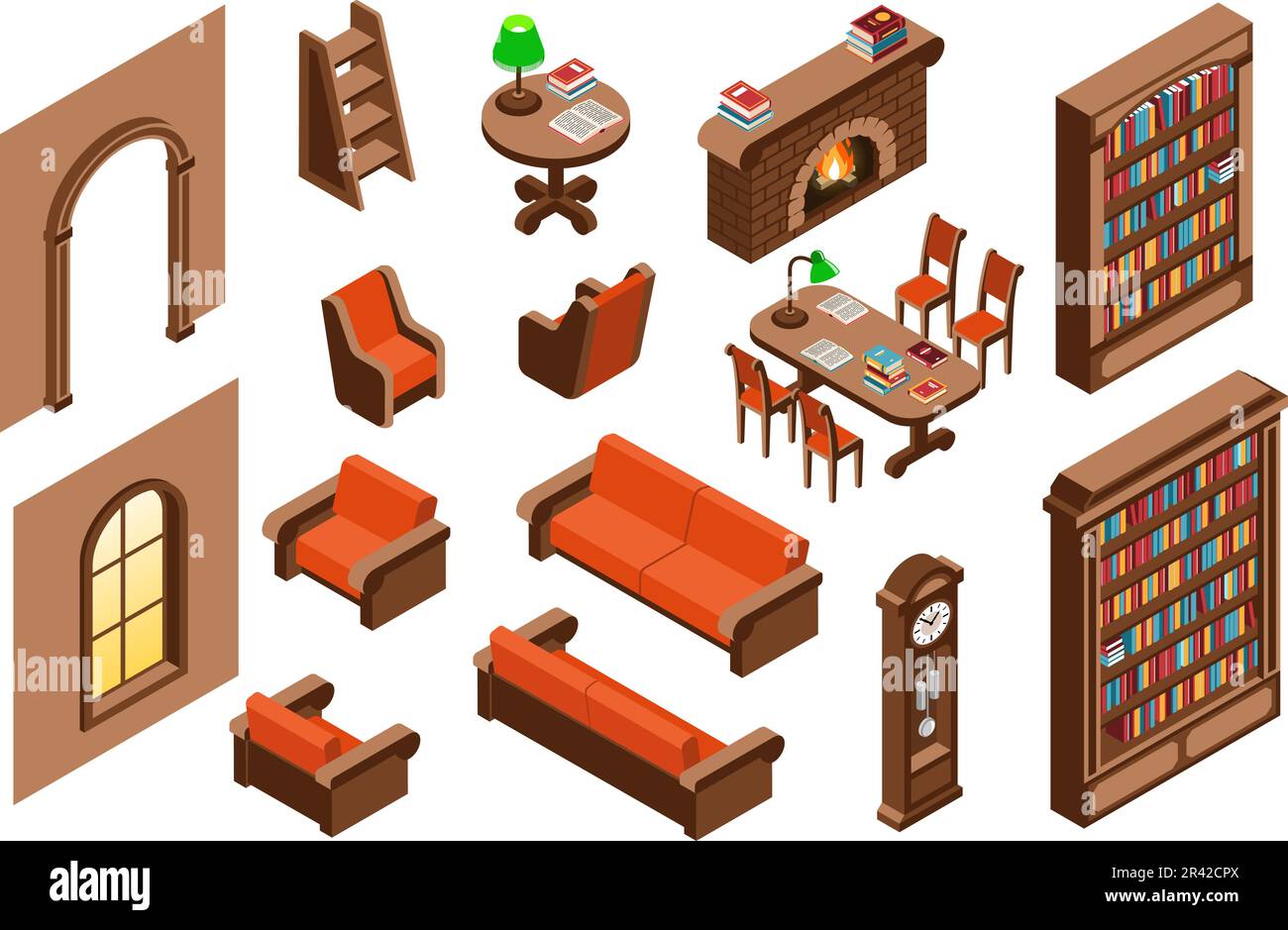 Isometric library interior icons set with bookshelves and furniture ...