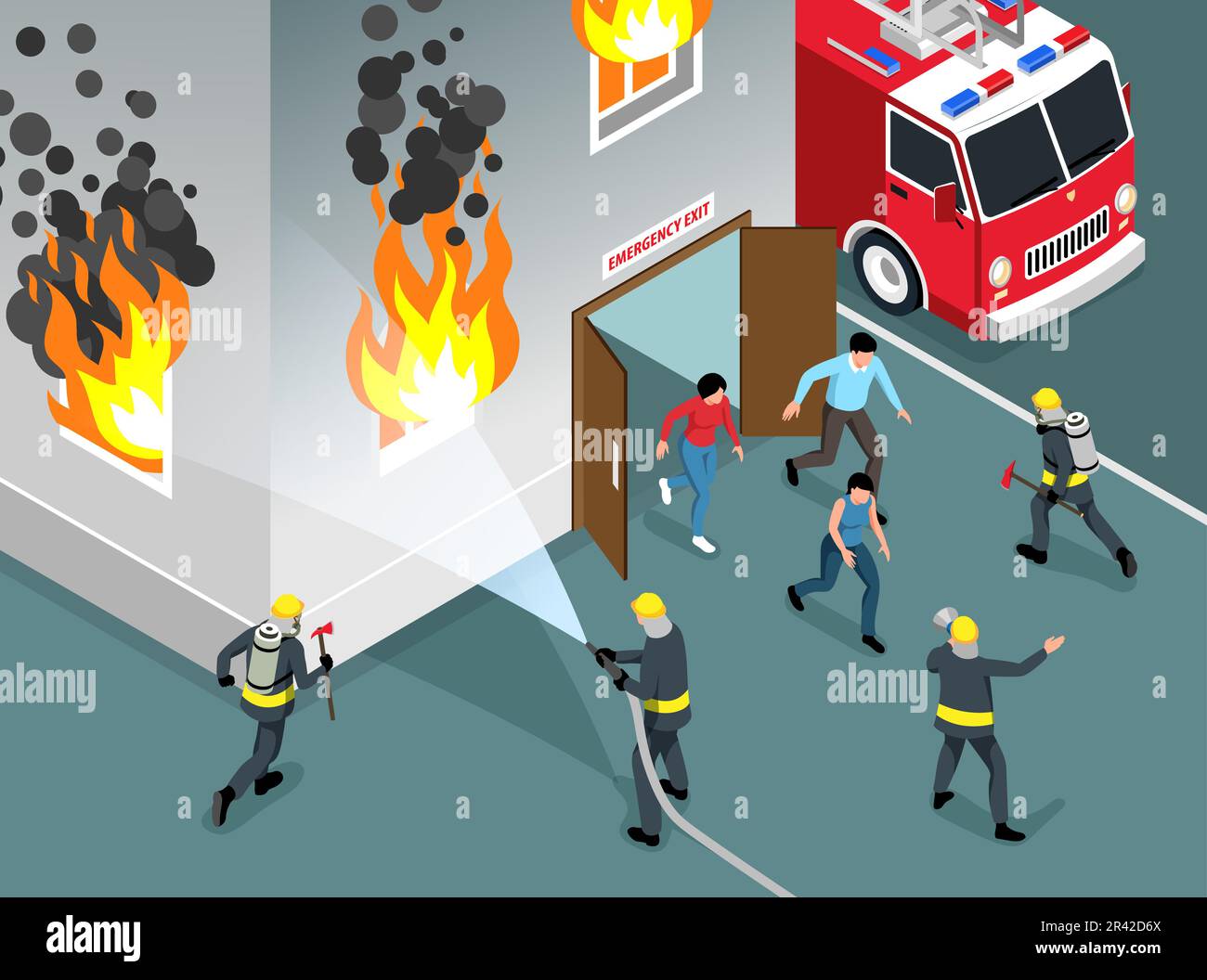 Fire alarm composition with people evacuating from burning house ...