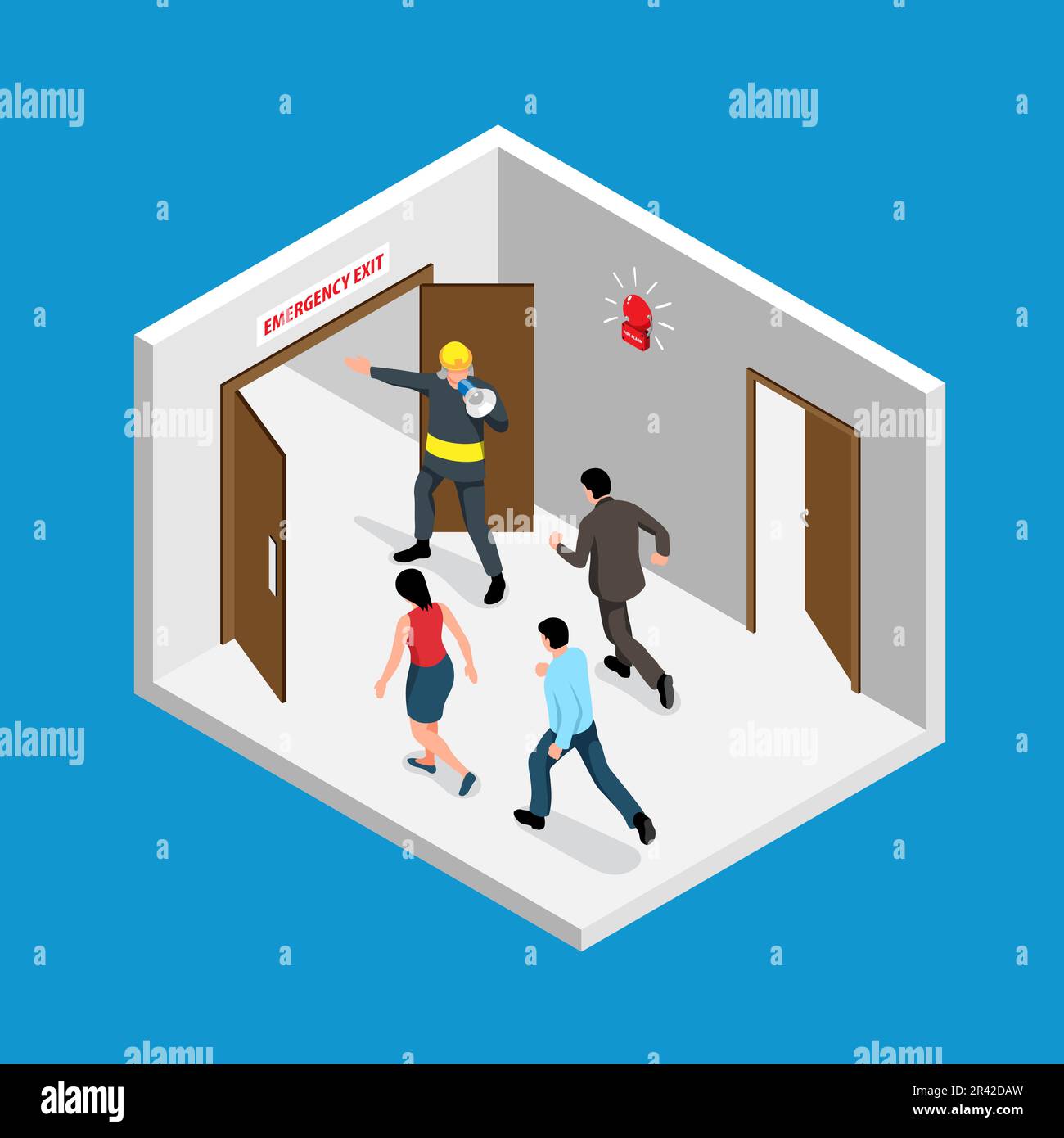 Isometric evacuation alarm concept with people running out vector ...