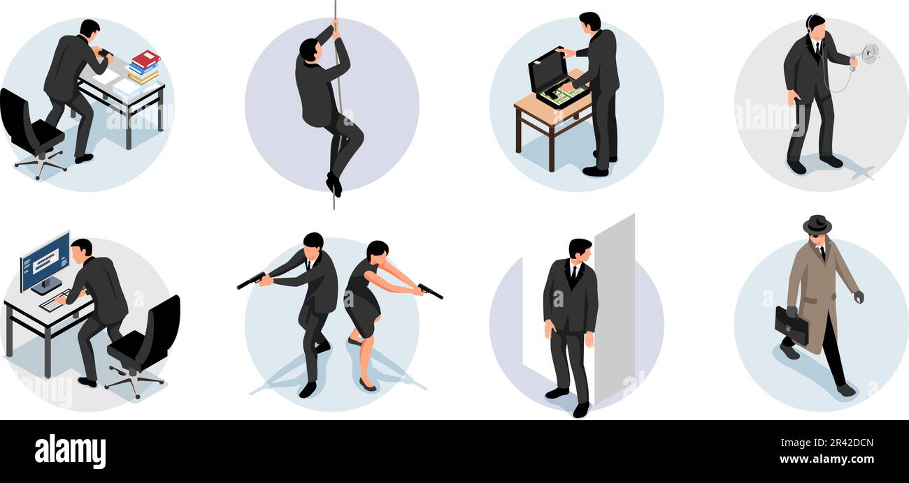 Isometric espionage icons set with male and female secret agents ...