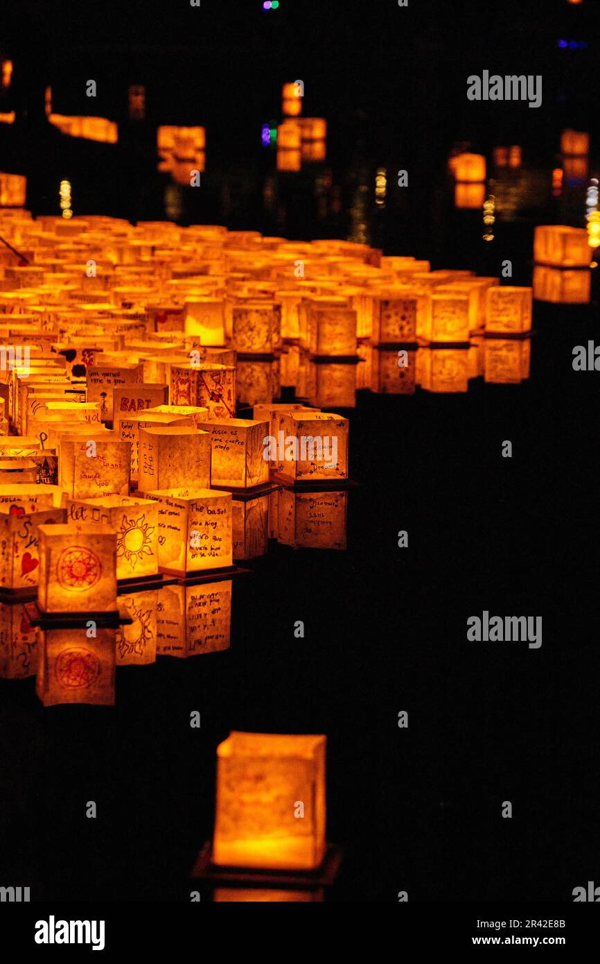 Lone lantern floating ahead of a swarm of golden glowing Japanese lanterns Stock Photo - Alamy