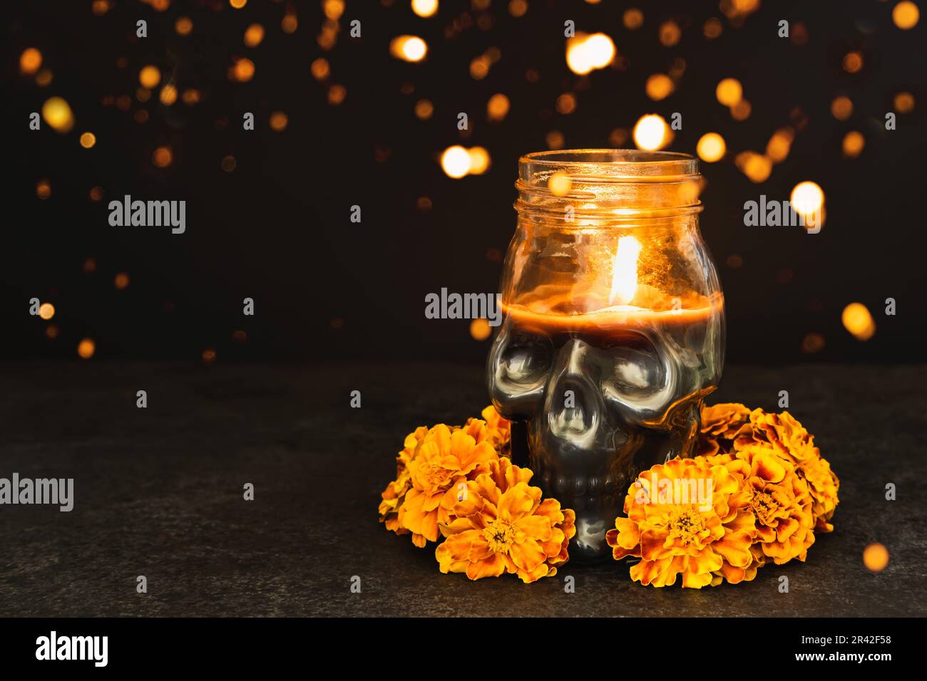 Burning candle Skull with marigold flowers and bokeh lights on black ...