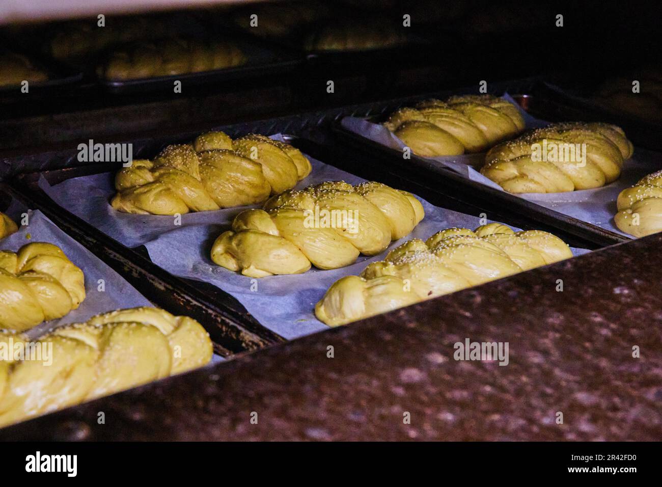 Raw uncooked Greek bread on trays background asset Stock Photo - Alamy