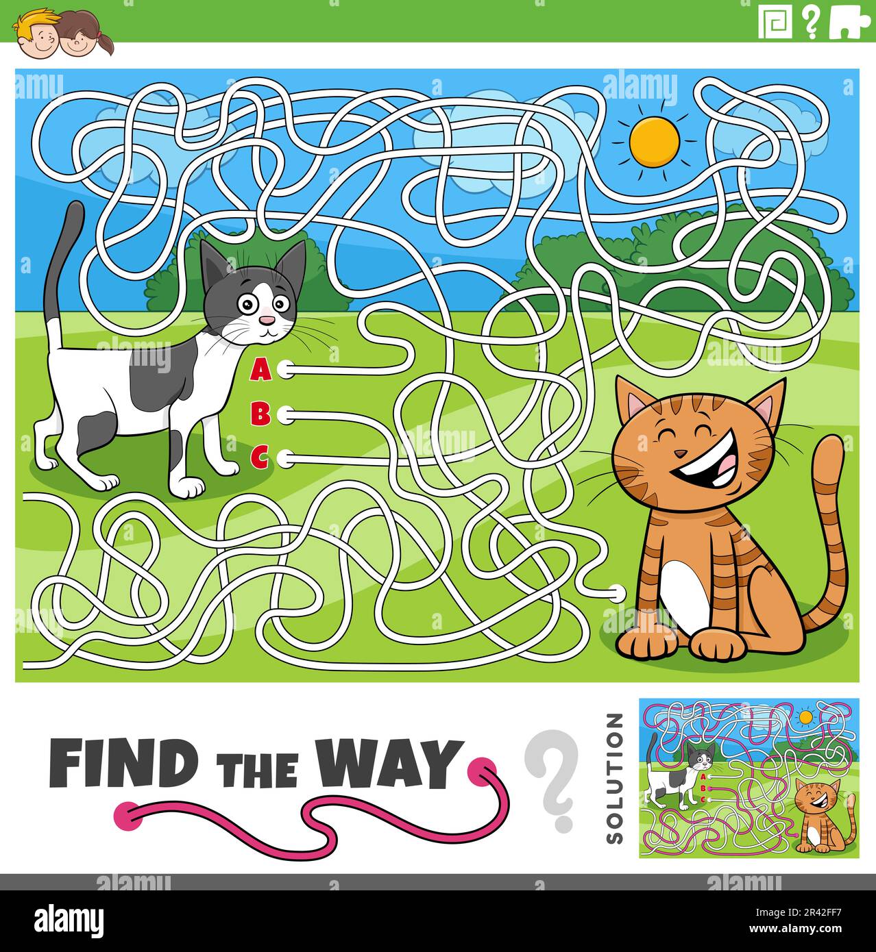 Find the way maze game with cartoon cats characters Stock Photo - Alamy