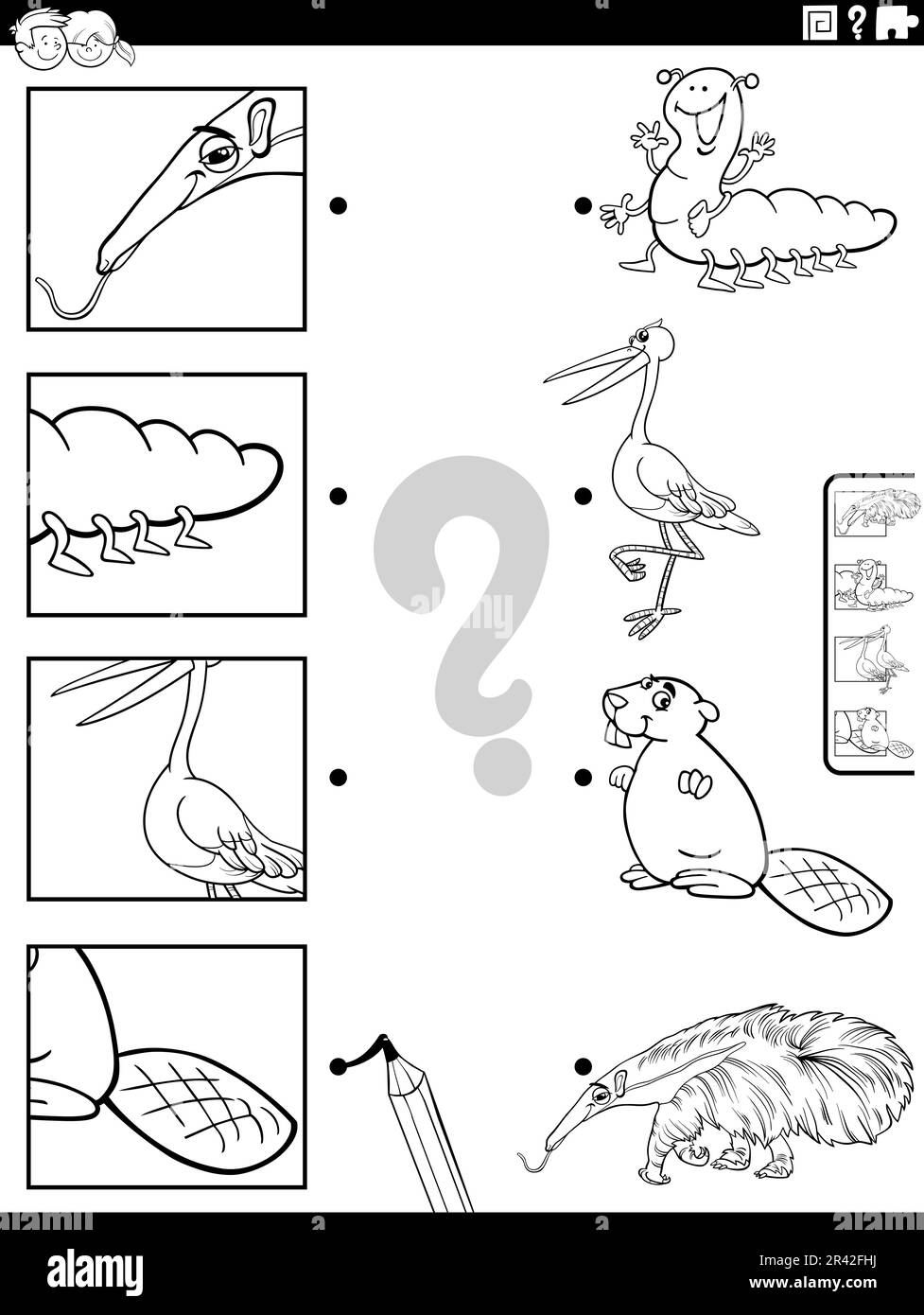 Match cartoon animals and clippings game coloring page Stock Photo - Alamy