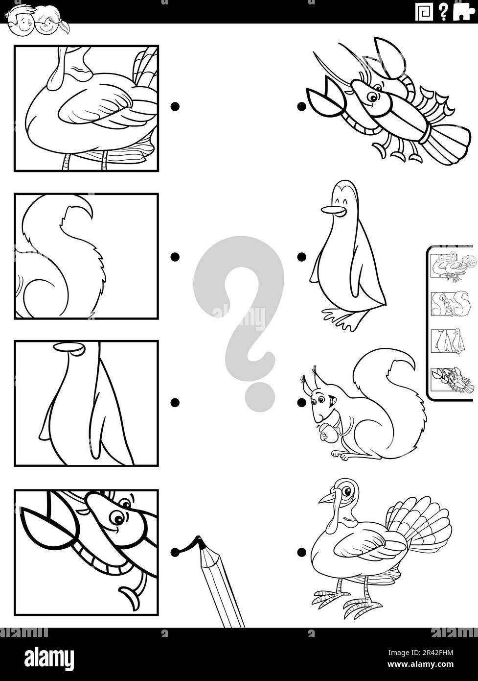 Match cartoon animals and clippings game coloring page Stock Photo - Alamy
