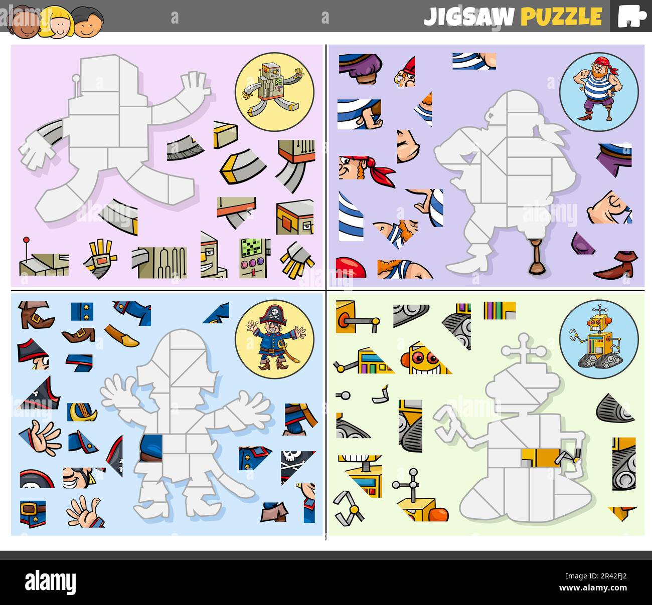 Jigsaw puzzle games set with funny cartoon characters Stock Photo - Alamy