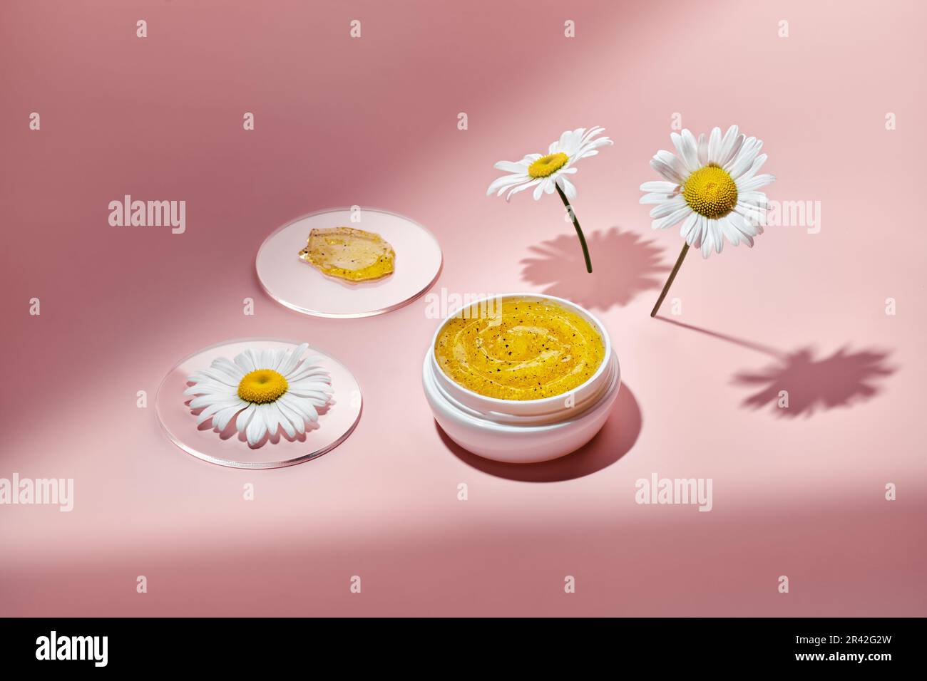 Gel cosmetic product with particles in petri dish on pink background ...