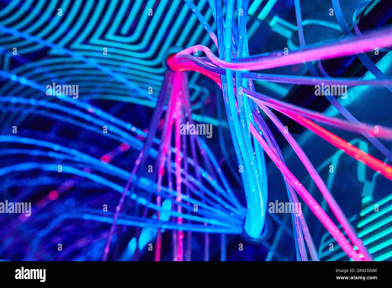 Techno wires and cables of interlocking blue and pink techno LED lights ...