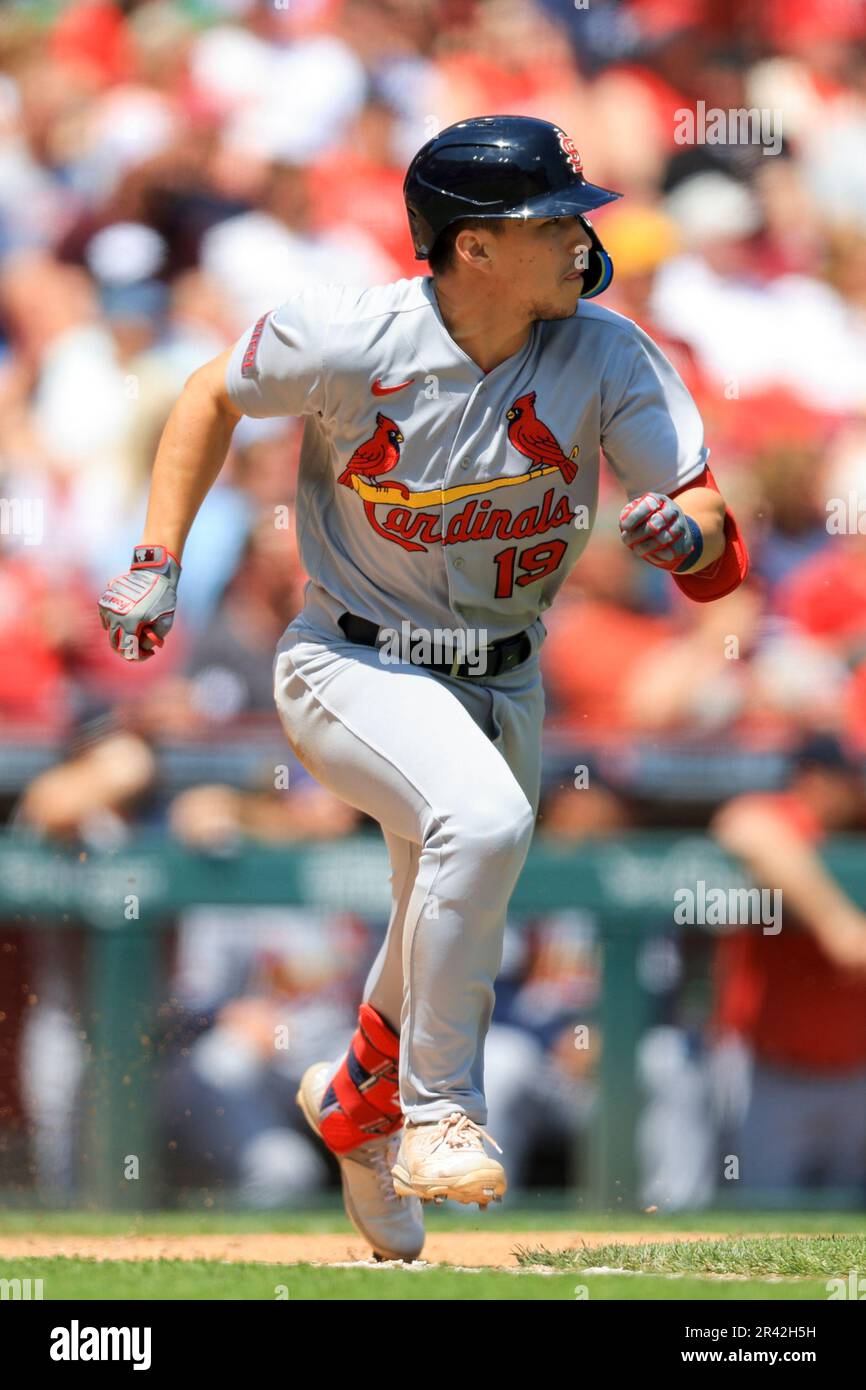 St. Louis Cardinals' Tommy Edman runs to first base during a baseball game against the ...