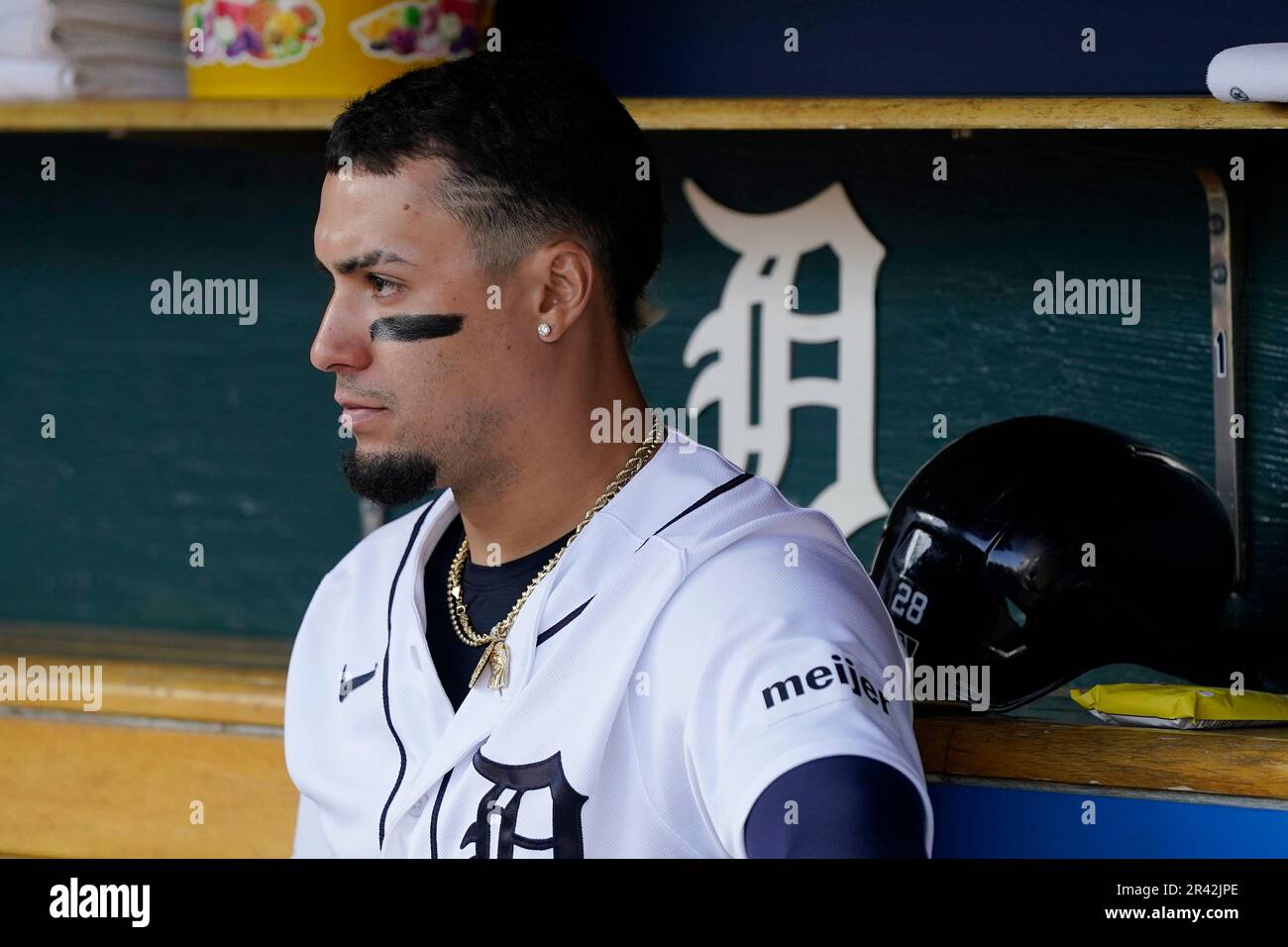 Detroit Tigers shortstop Javier Baez is seen in the dugout before a ...