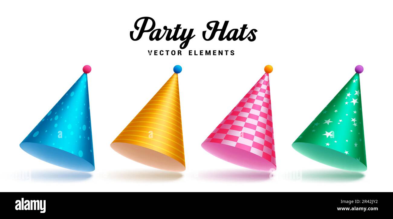 Birthday hats vector set design. Colorful 3d party hat and cap isolated ...