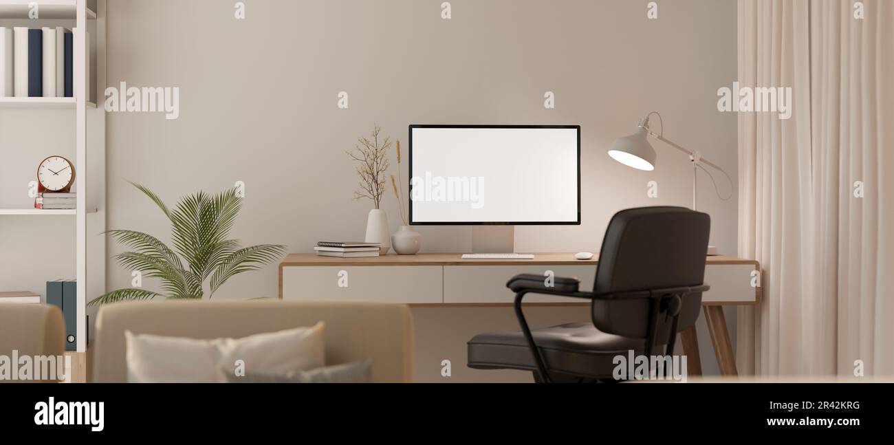 Interior design of minimalist white workspace in living room with ...