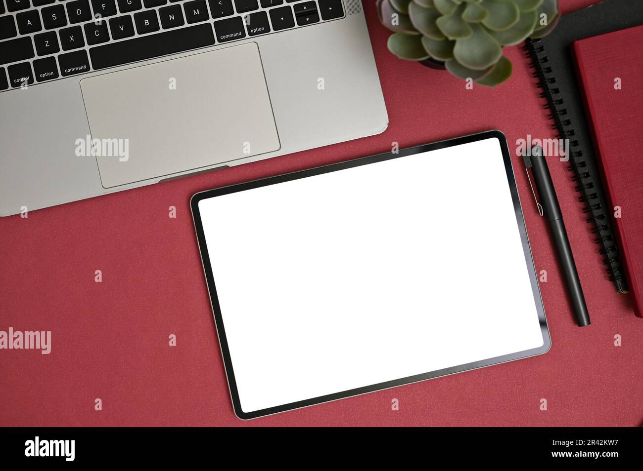 Modern office desk top view with digital tablet white screen mockup ...