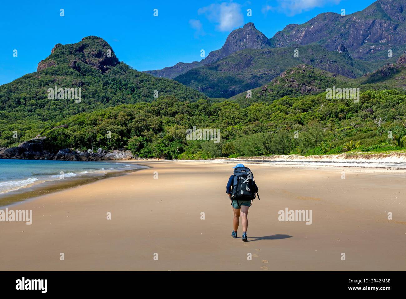 Hiker on Ramsay Bay, the start of the Thorsborne Trail, with Nina Peak ...