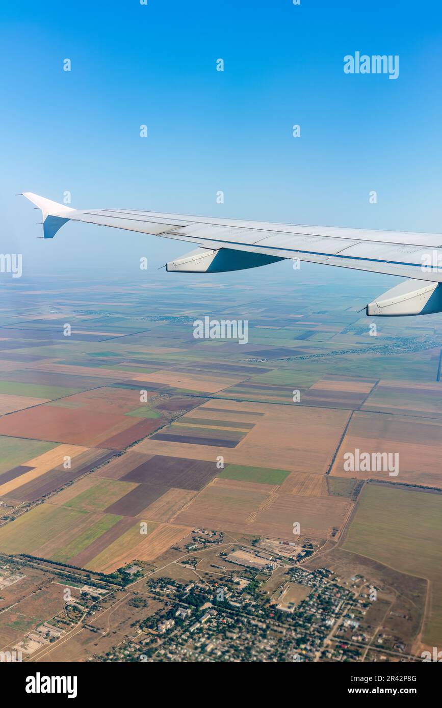 View from the airplane window during takeoff at Koltsovo airport on a ...
