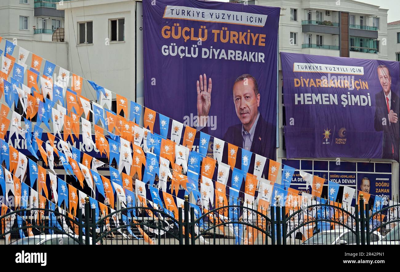 Posters and party flags of presidential candidate and Justice and ...