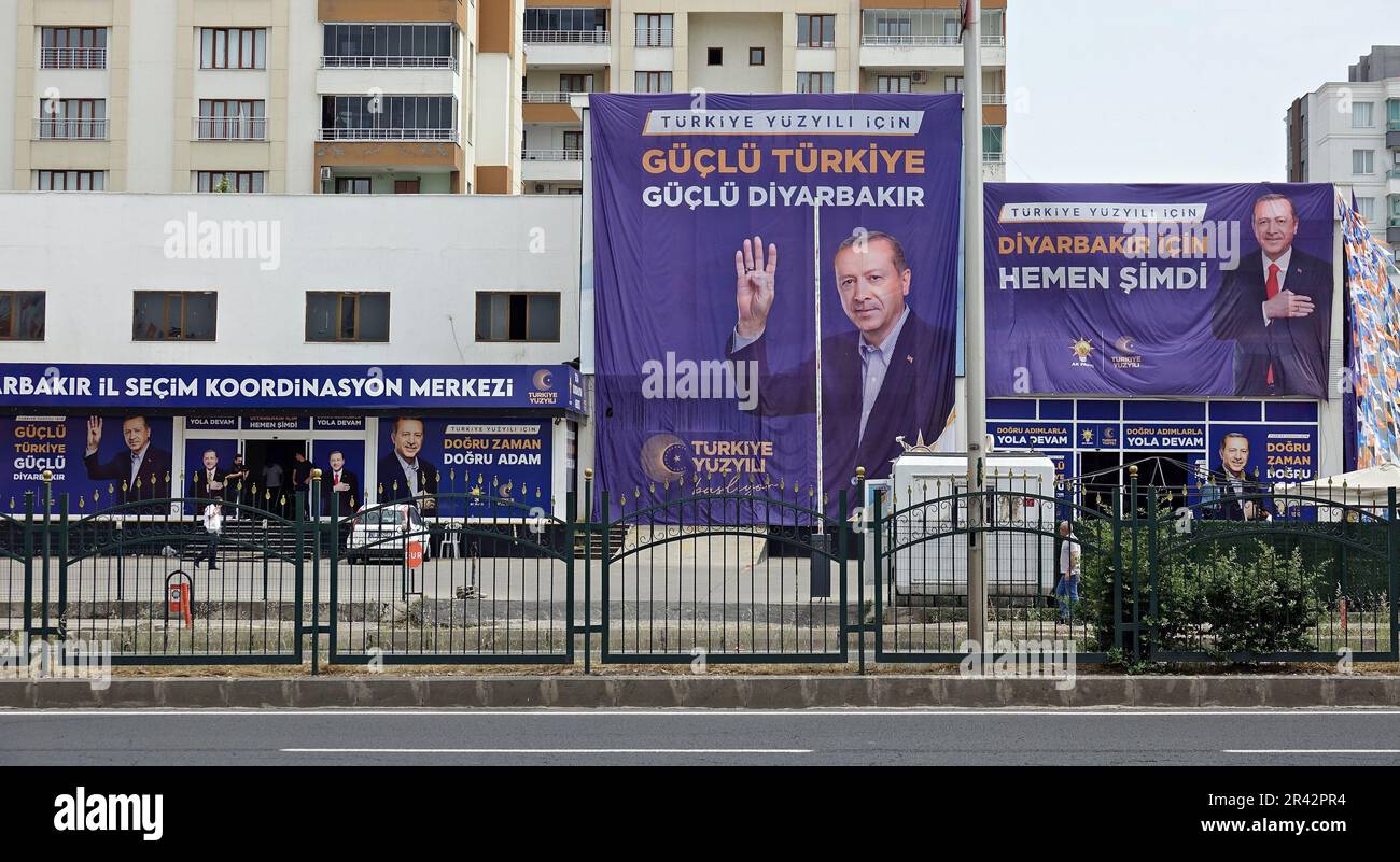 Posters of presidential candidate Recep Tayyip Erdogan are seen hanging ...