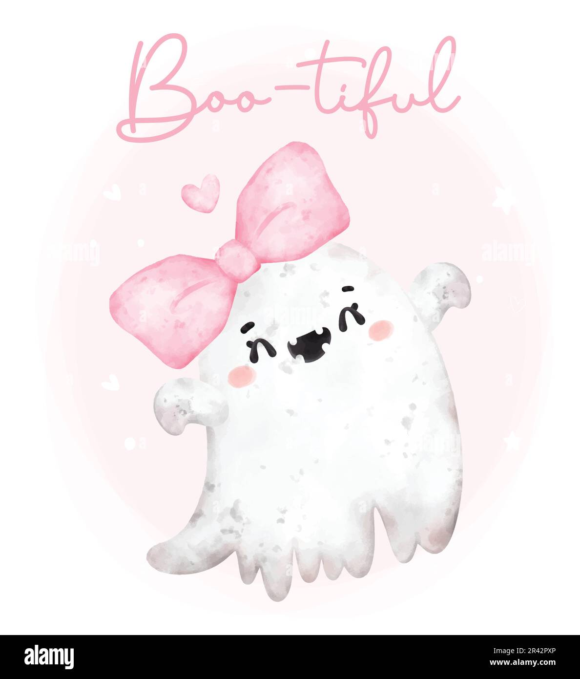 Cute kawaii pink ghost hallooween with big bow beauty happy smile ...