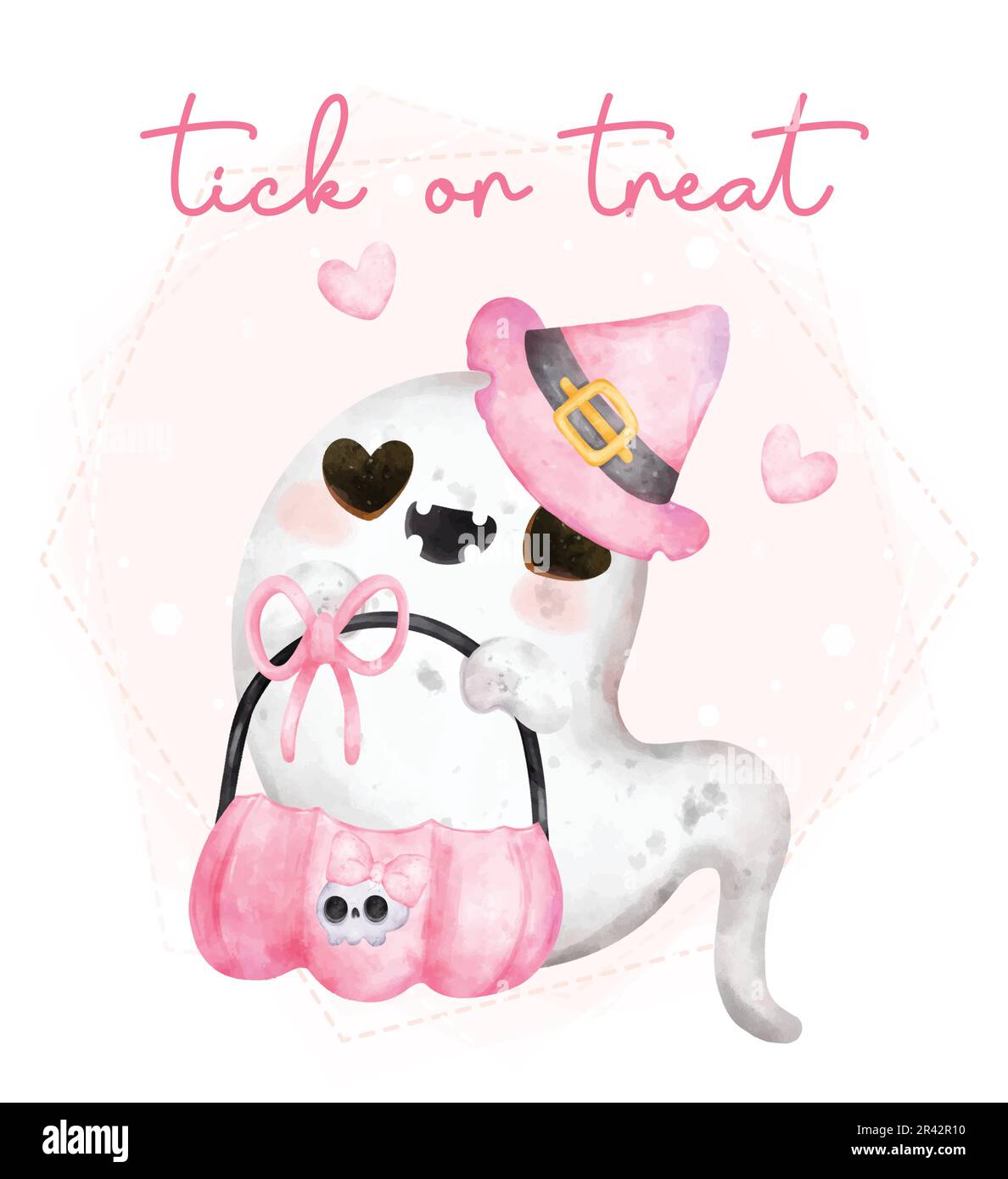 Cute kawaii pink hallooween ghost with empty pumpkin basket, trick or ...