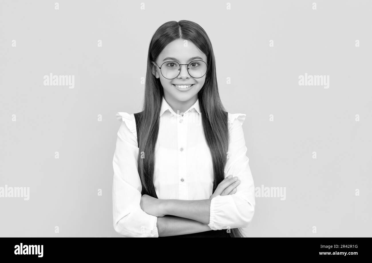 happy kid face portrait in school uniform and glasses for vision ...