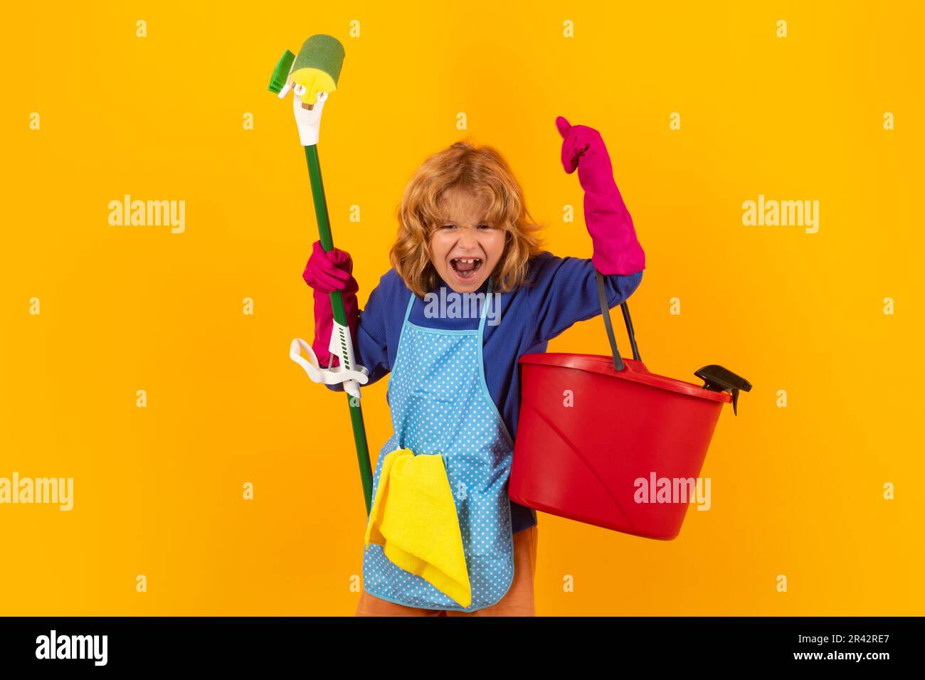 Kid helping with housework, cleaning the house. Cleaning accessory ...