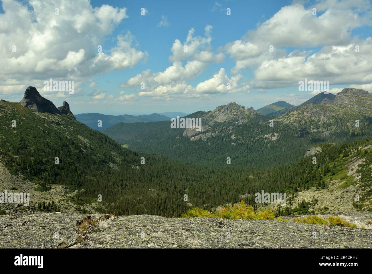 A look at the high mountain ranges in the dense taiga under a summer ...