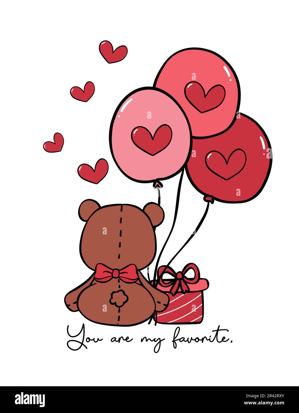 Cute romantic Teddy Bear with red bow hold balloons doodle hand drawing ...