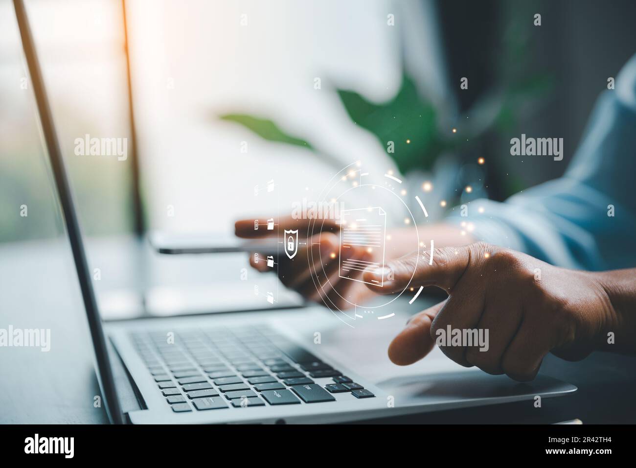 Concept of online document management technology. Businesspeople manage ...