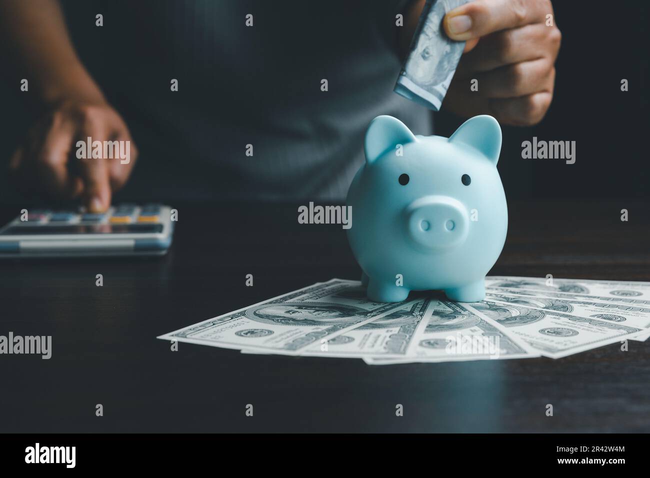 Business woman hand put dollar bill in piggy bank on wood table ...