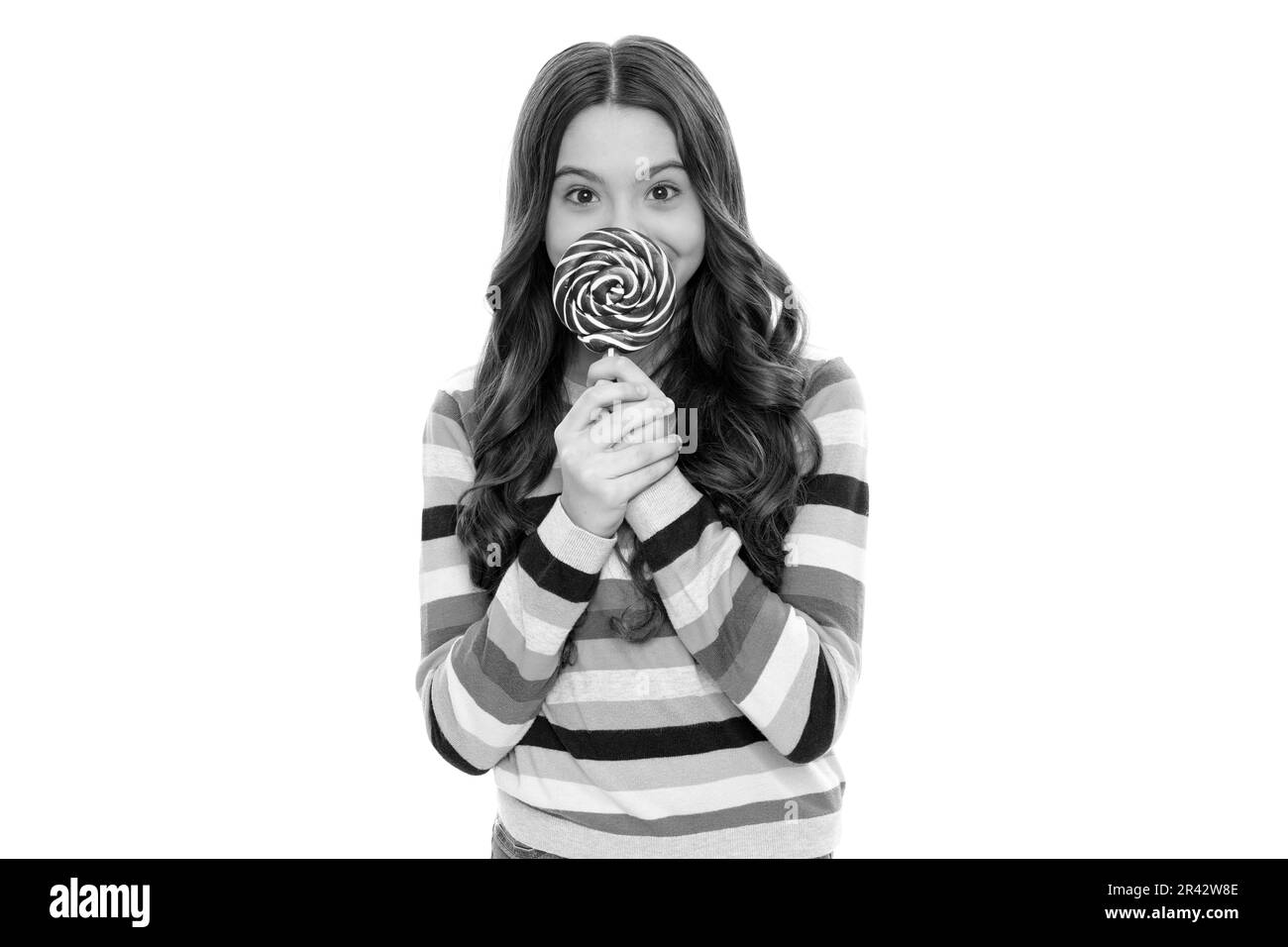 concept of teen dental care. sweet tooth. yummy. happy girl hold ...