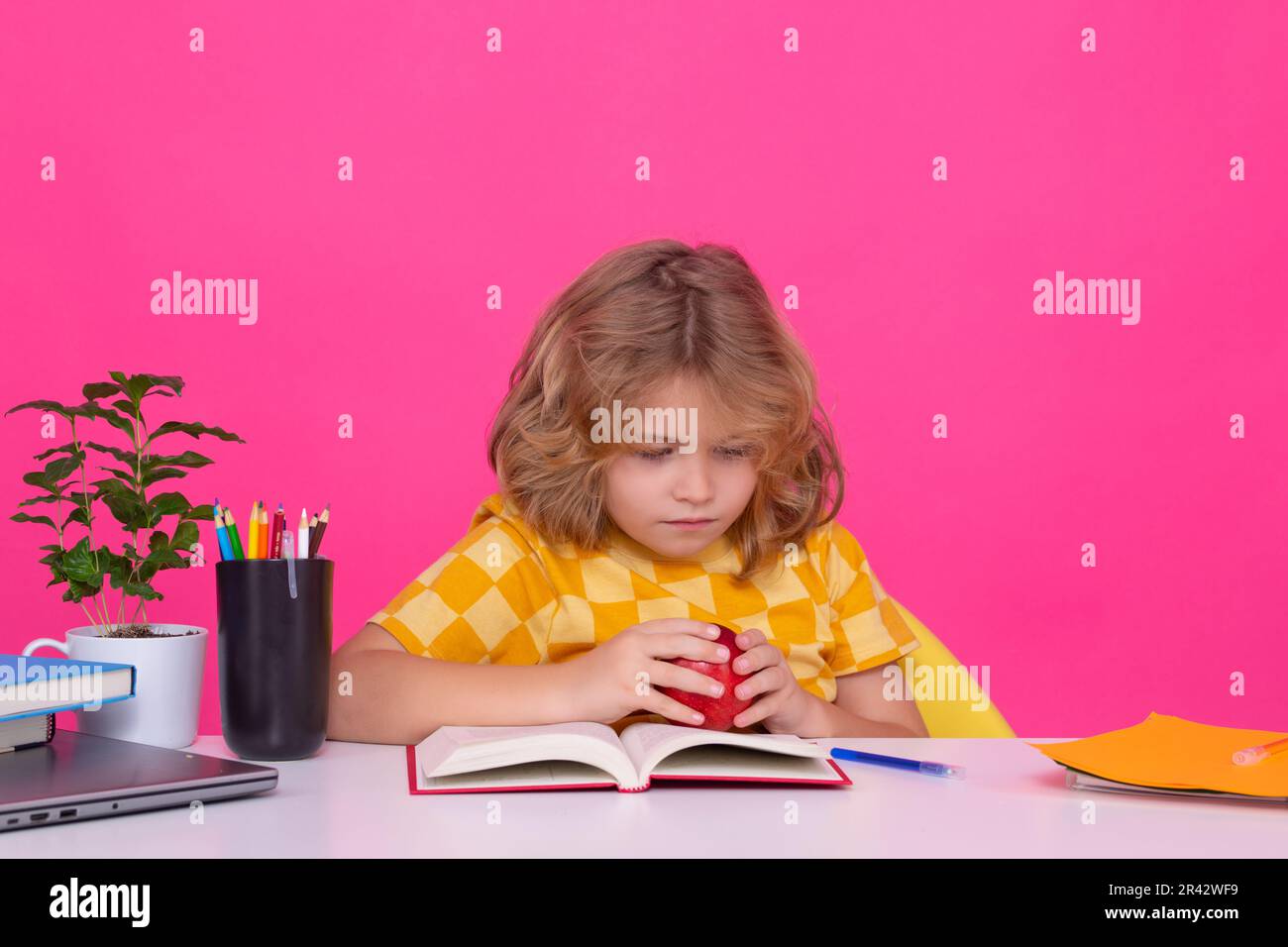 School kid reading book. School kid student learning, study language or ...