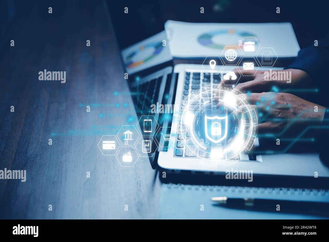 Cybersecurity and privacy concepts to protect data. Lock icon and internet network security ...