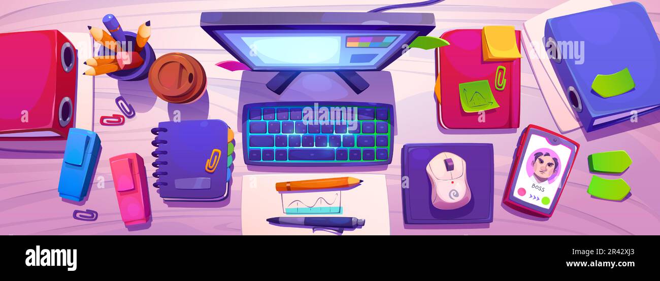Top view of office workplace. Vector cartoon illustration of desktop ...