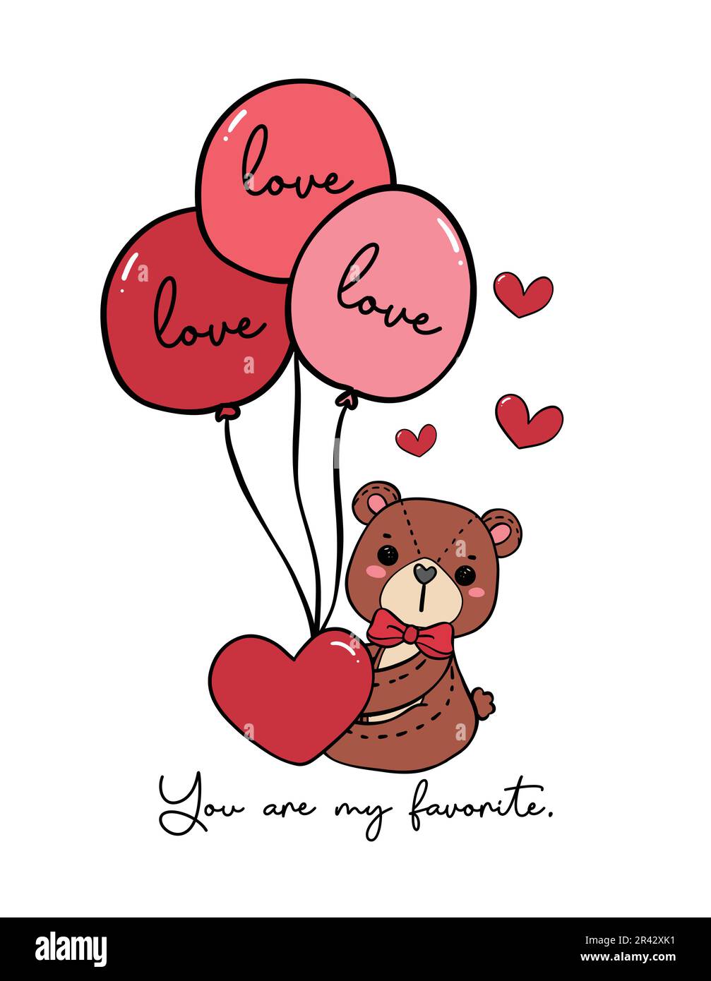 Cute innocence Teddy Bear with red bow hold balloons doodle hand ...