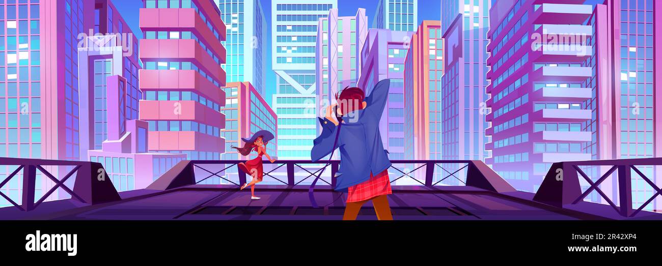 Rooftop on city building scene. Cameraman take photo for woman on hotel ...