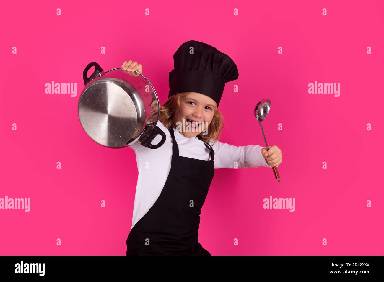 Fynny kid chef cook with cooking pot and ladle. Cooking children. Chef ...
