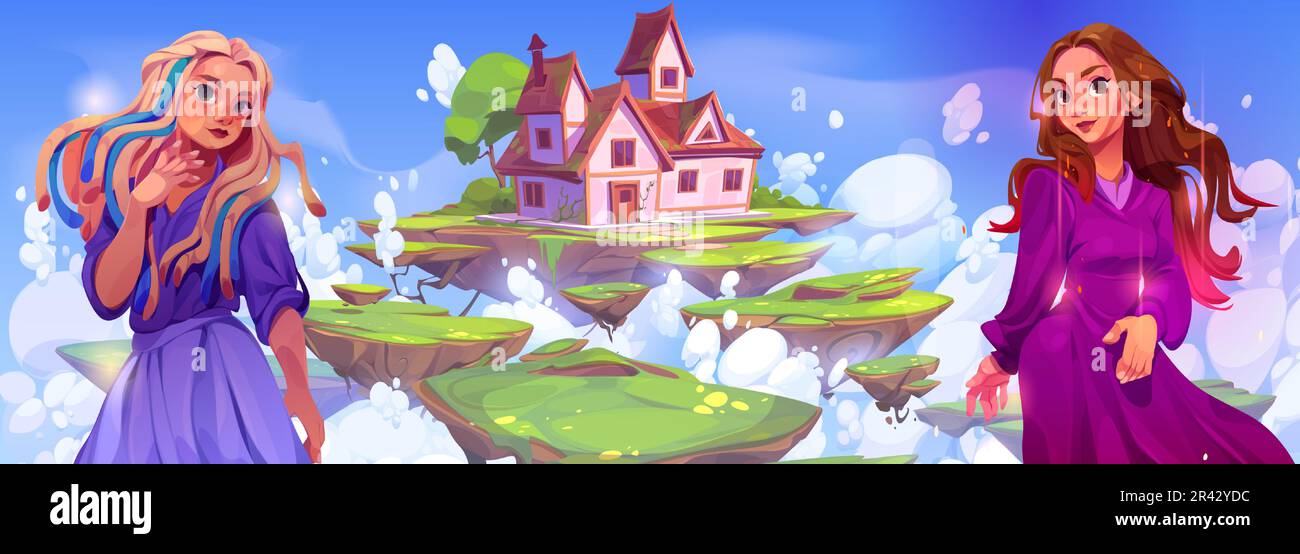 Magic house in sky and standing woman. Fairy tale about opposite good ...